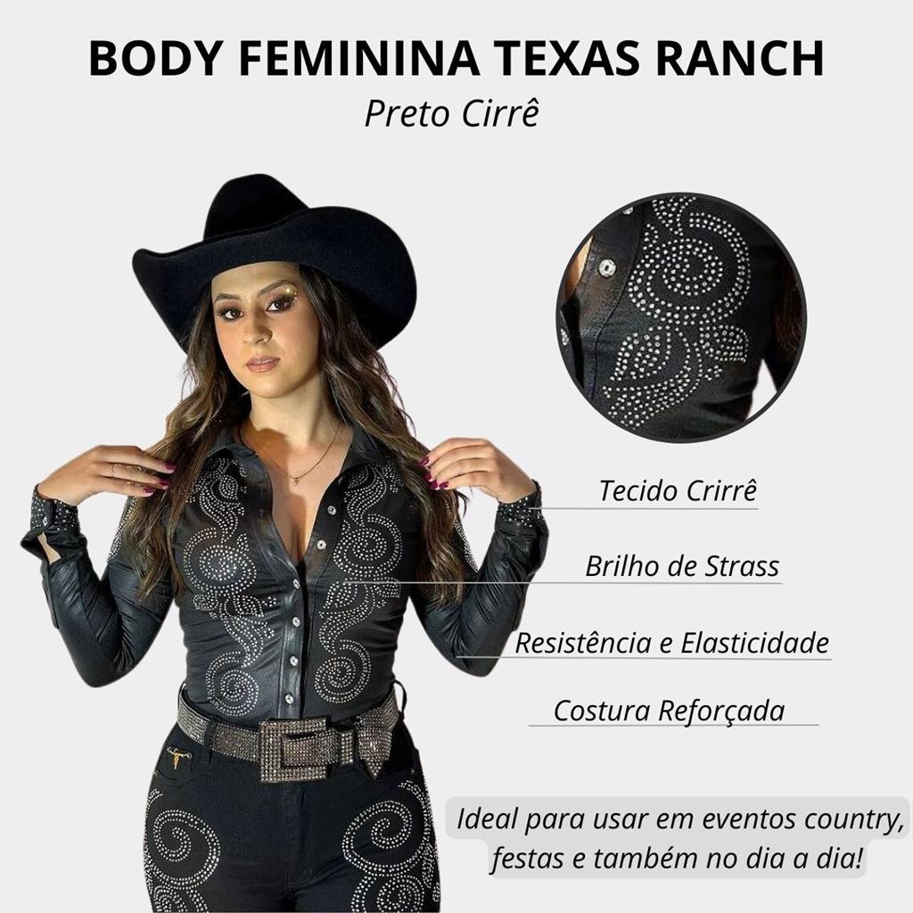 Body Feminino Texas Ranch Preto Manga Longa Strass Folhas - Badana