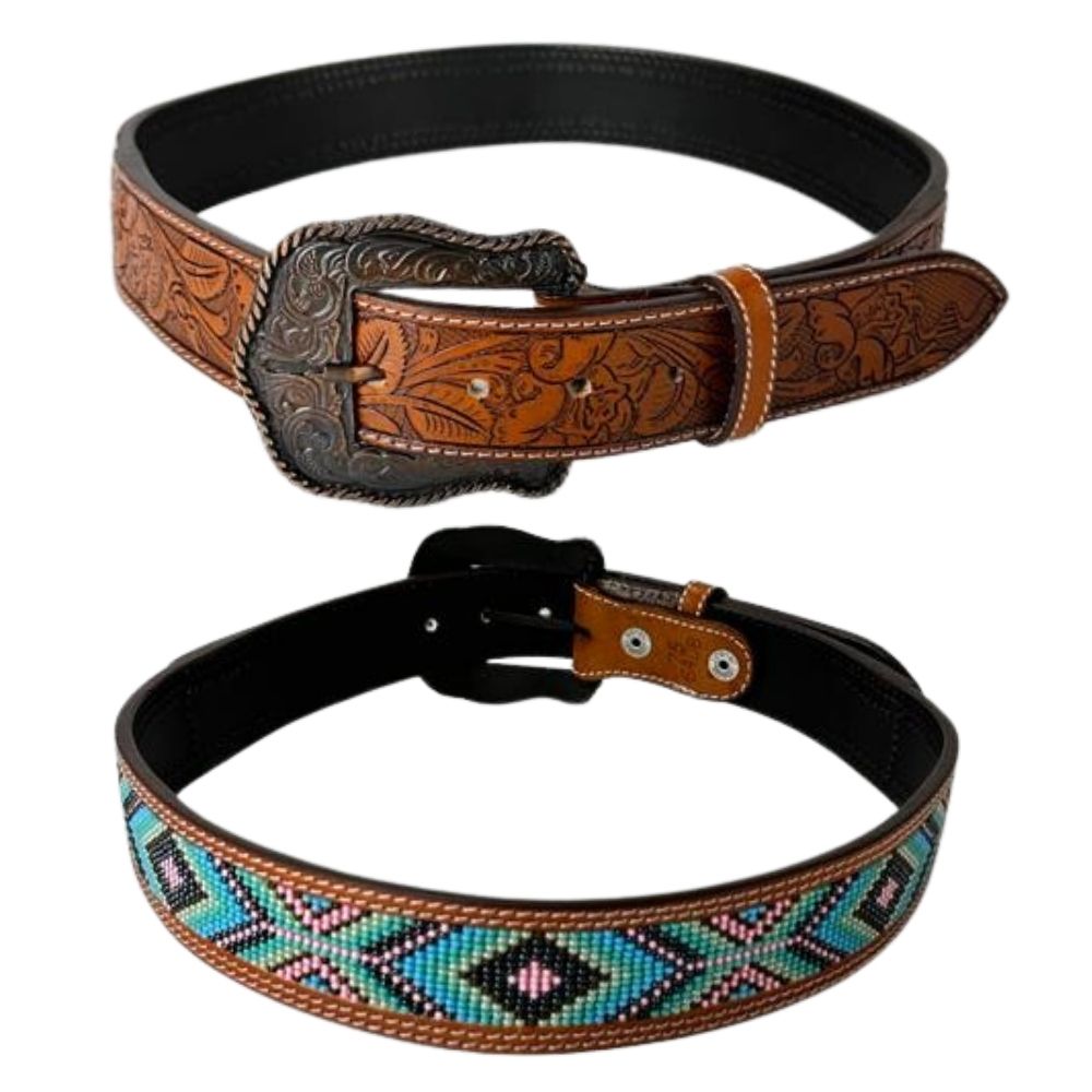 Cinto Feminino Pyramid Country Couro Marrom Com Miçanga Ref.6408 - Badana