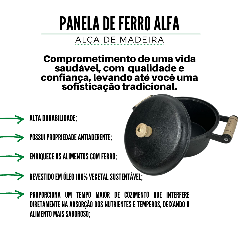 Panela de Ferro Alfa Alça de madeira - nº24 7L Ref 0018 - Badana