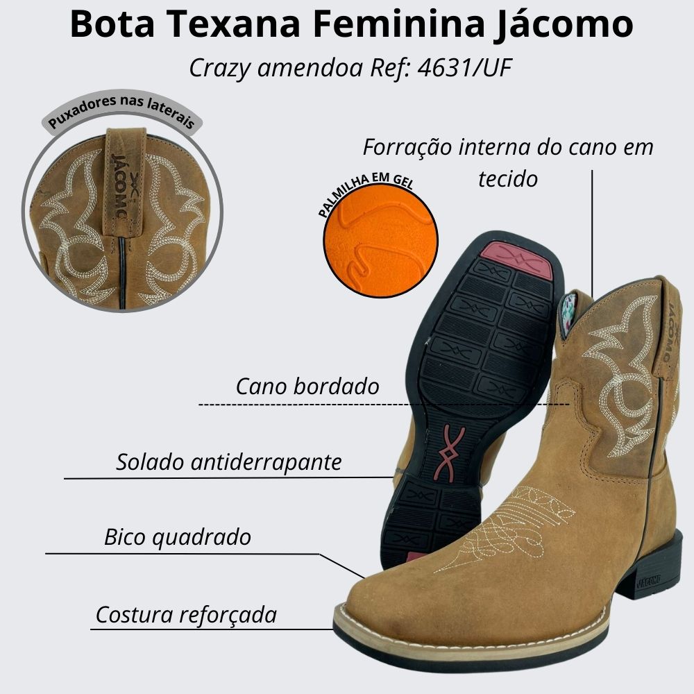 Bota Texana Feminina Jácomo Cano Médio Crazy Ref:4631/UF - Badana