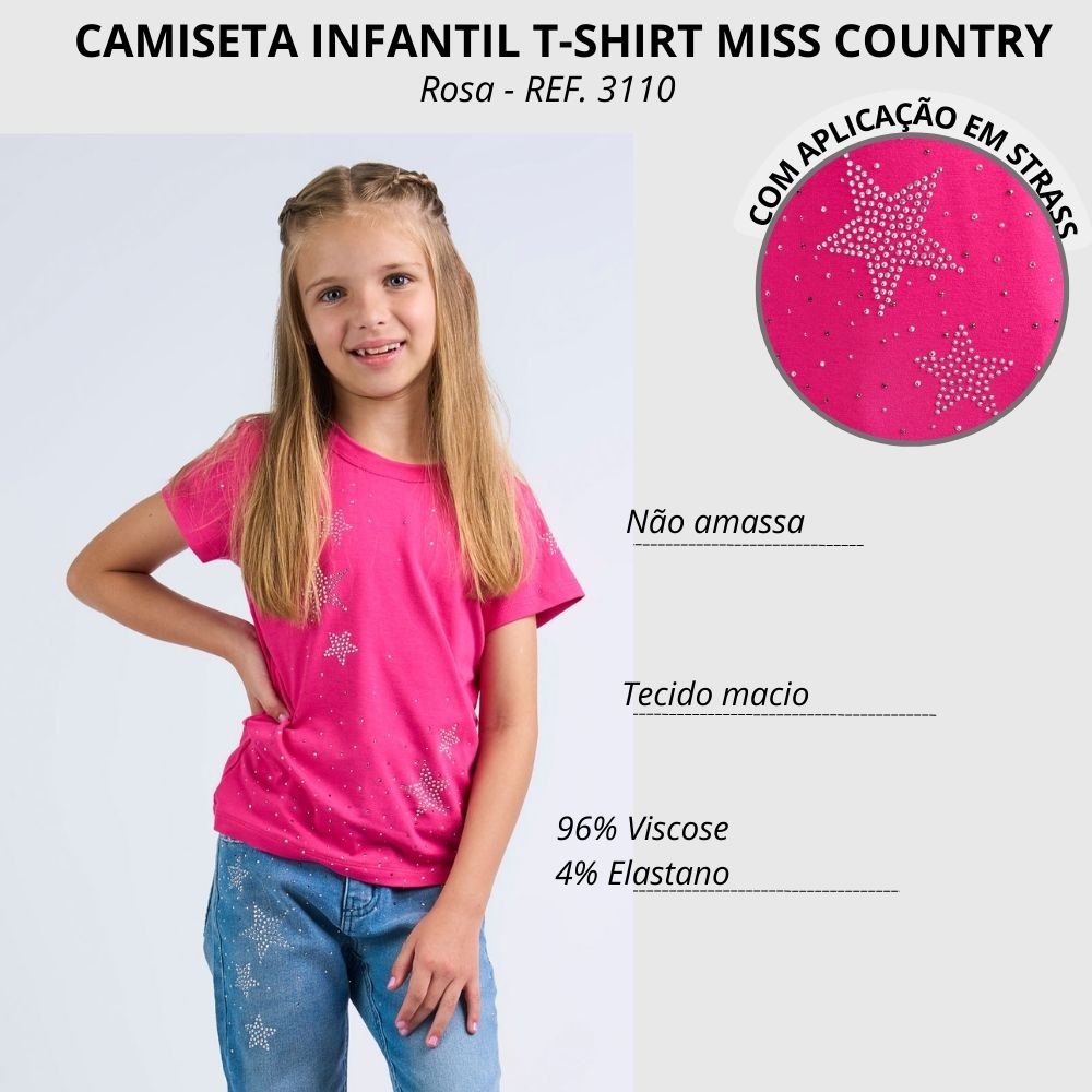 Camiseta Infantil Miss Country T-Shirt Strass Pink Ref: 3110 - Badana