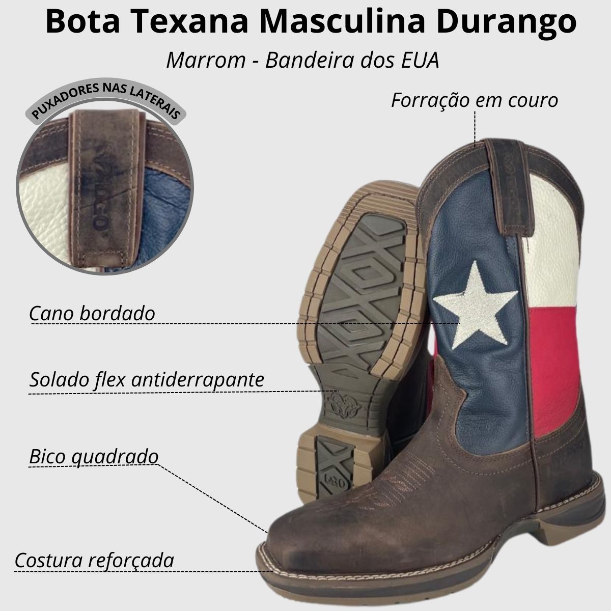 Bota Texana Masculina Durango Couro Marrom USA Bico Quadrado Sola Jump ...