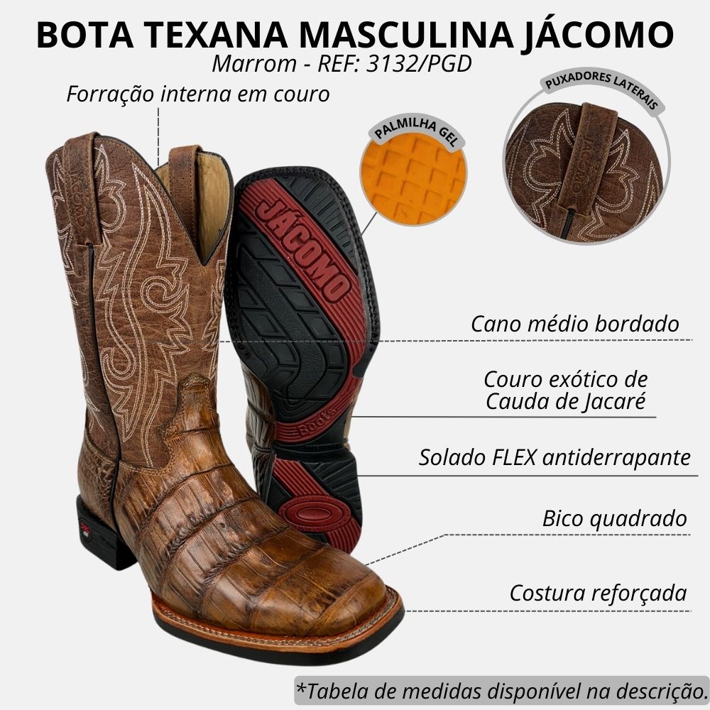 Bota Texana Masculina Jácomo Bico Quadrado Couro Jacaré Açu Cauda ...