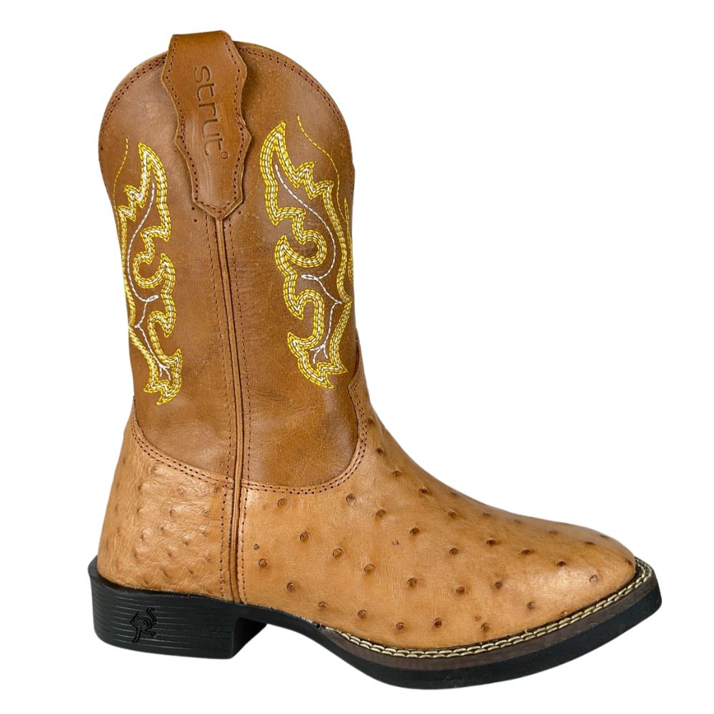 Bota Texana Masculina Strut Bico Quadrado Couro Avestruz Cheia Chestn Cano Bordado Amarelo Ref ...