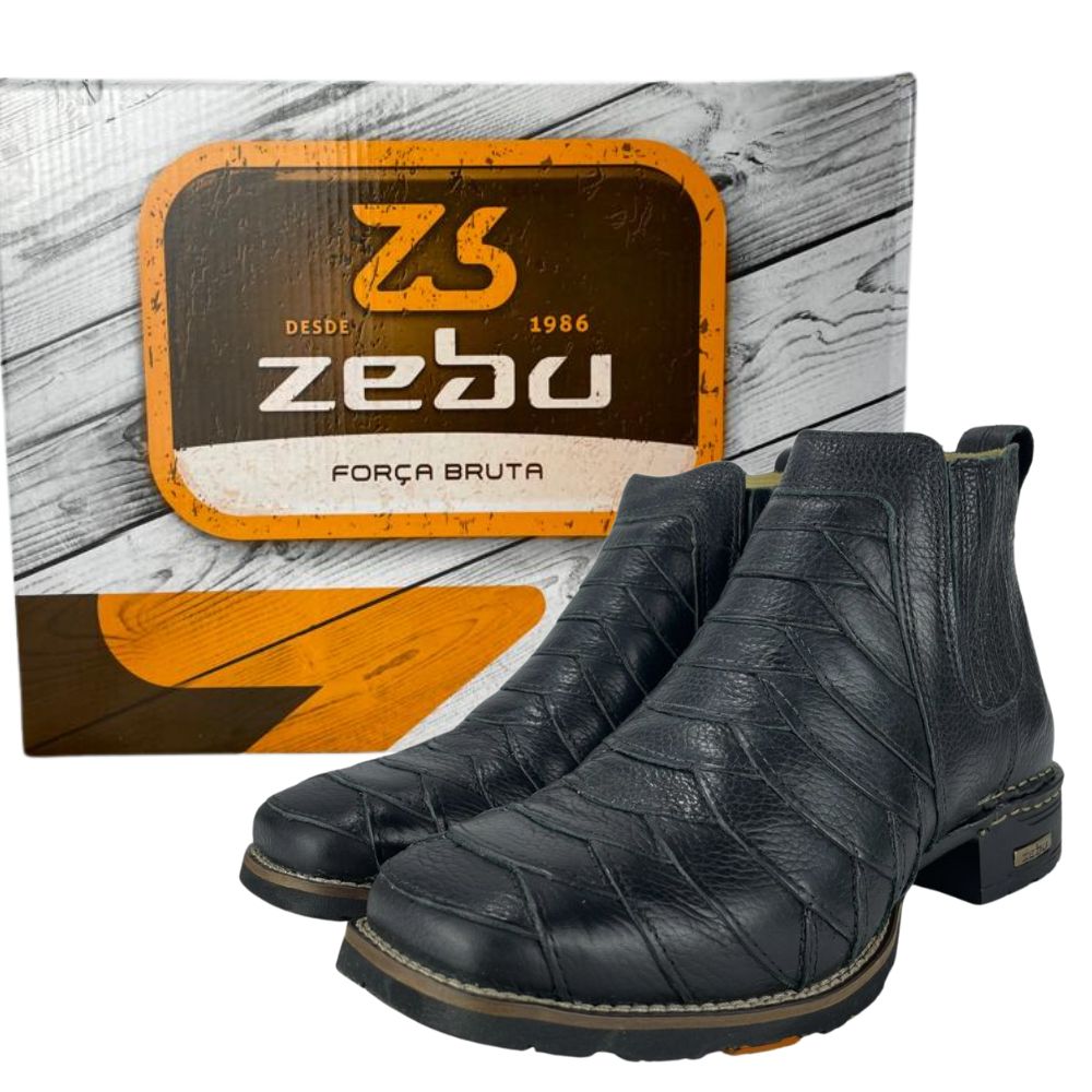 Botina Masculina Zebu Couro Floater Preto Escamado Bico Quadrado Ref ...