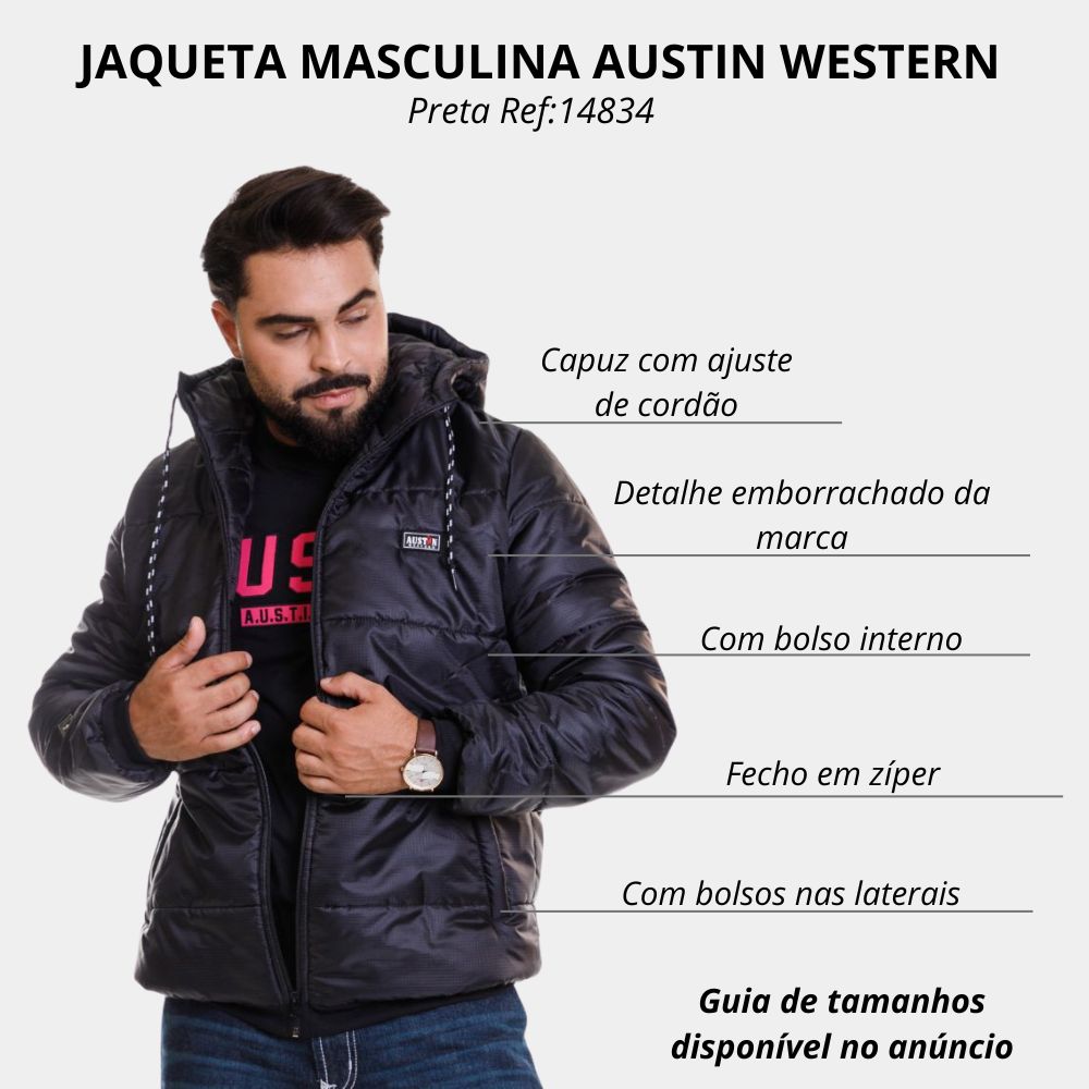 Jaqueta Masculina Austin Western Com Capuz Preto Liso Com Aplique Da Logo Ref:14834 - Badana