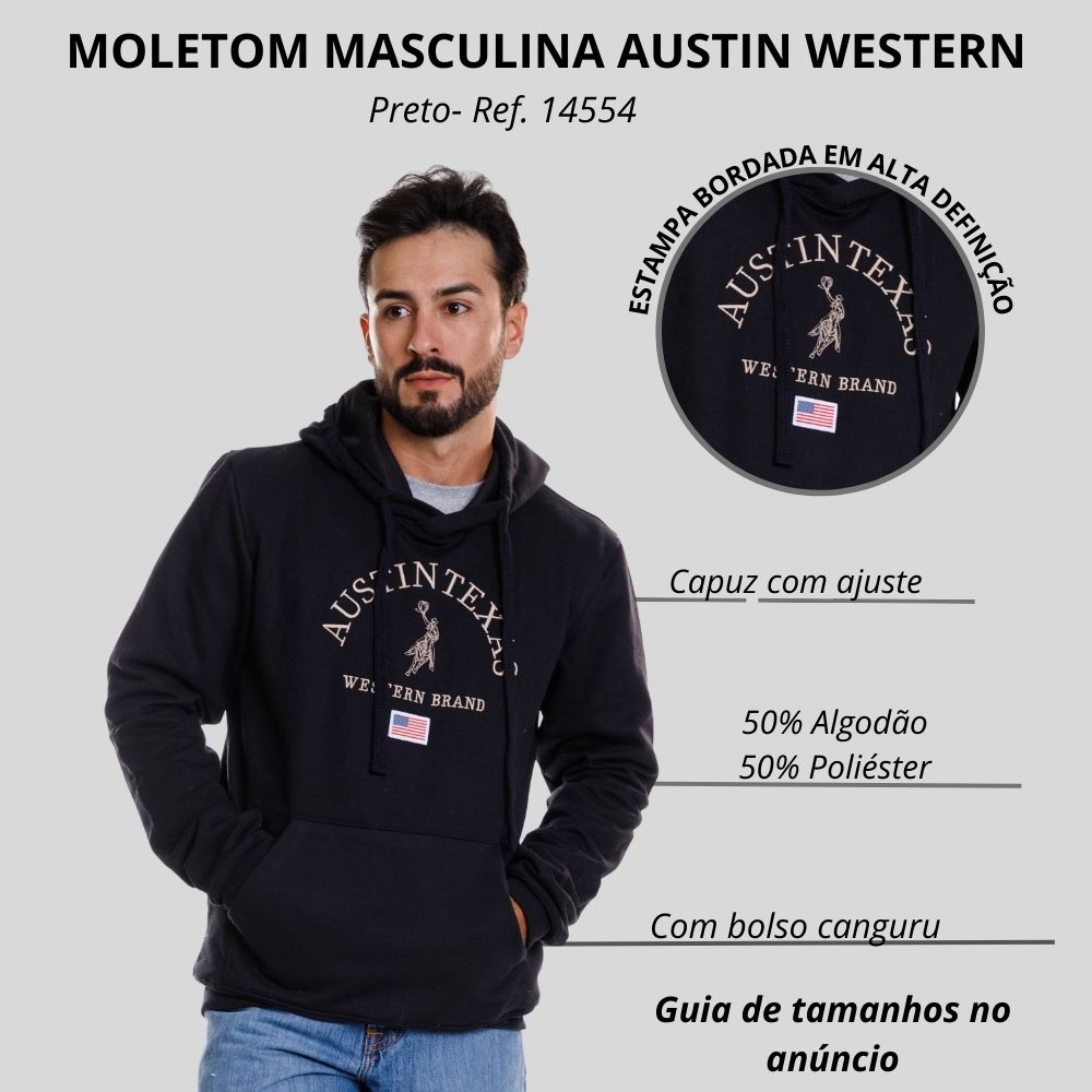 Moletom Masculino Austin Western Modelo Canguru Cor Preto Com Bordado ...