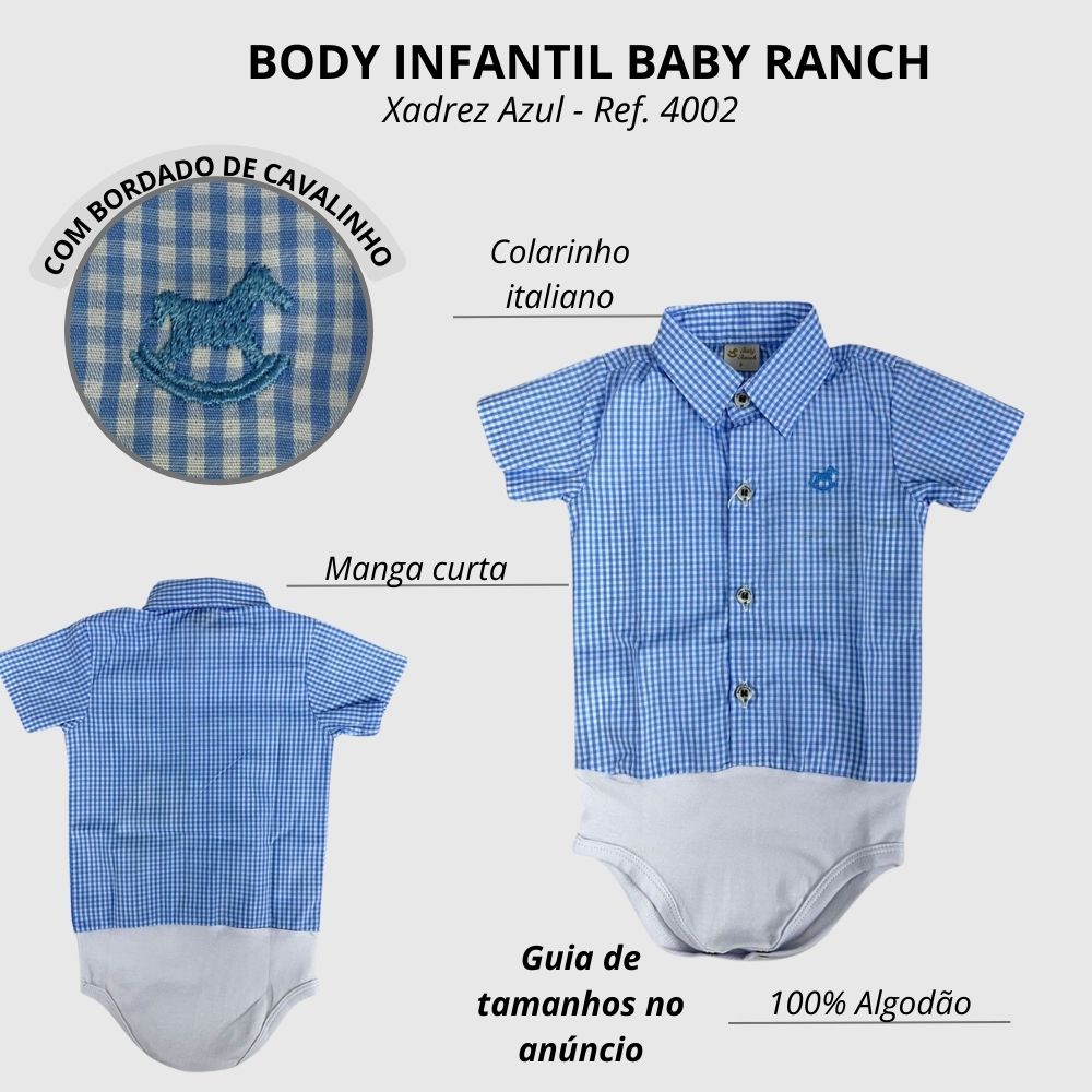 Body Infantil Baby Ranch Estilo Camisa Manga Curta Xadrez Azul Claro E ...