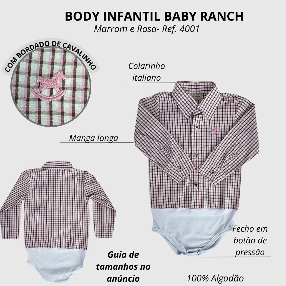 Body Infantil Baby Ranch Estilo Camisa Manga Longa Xadrez Marrom E Rosa ...