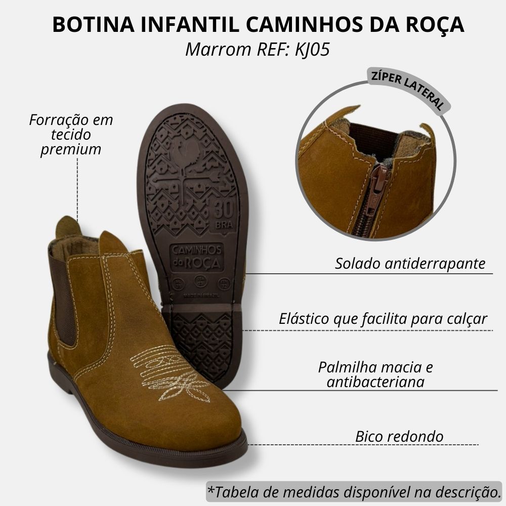 Botina Infantil/Juvenil Caminhos Da Roça Couro Nobuck Castor Com Zíper ...