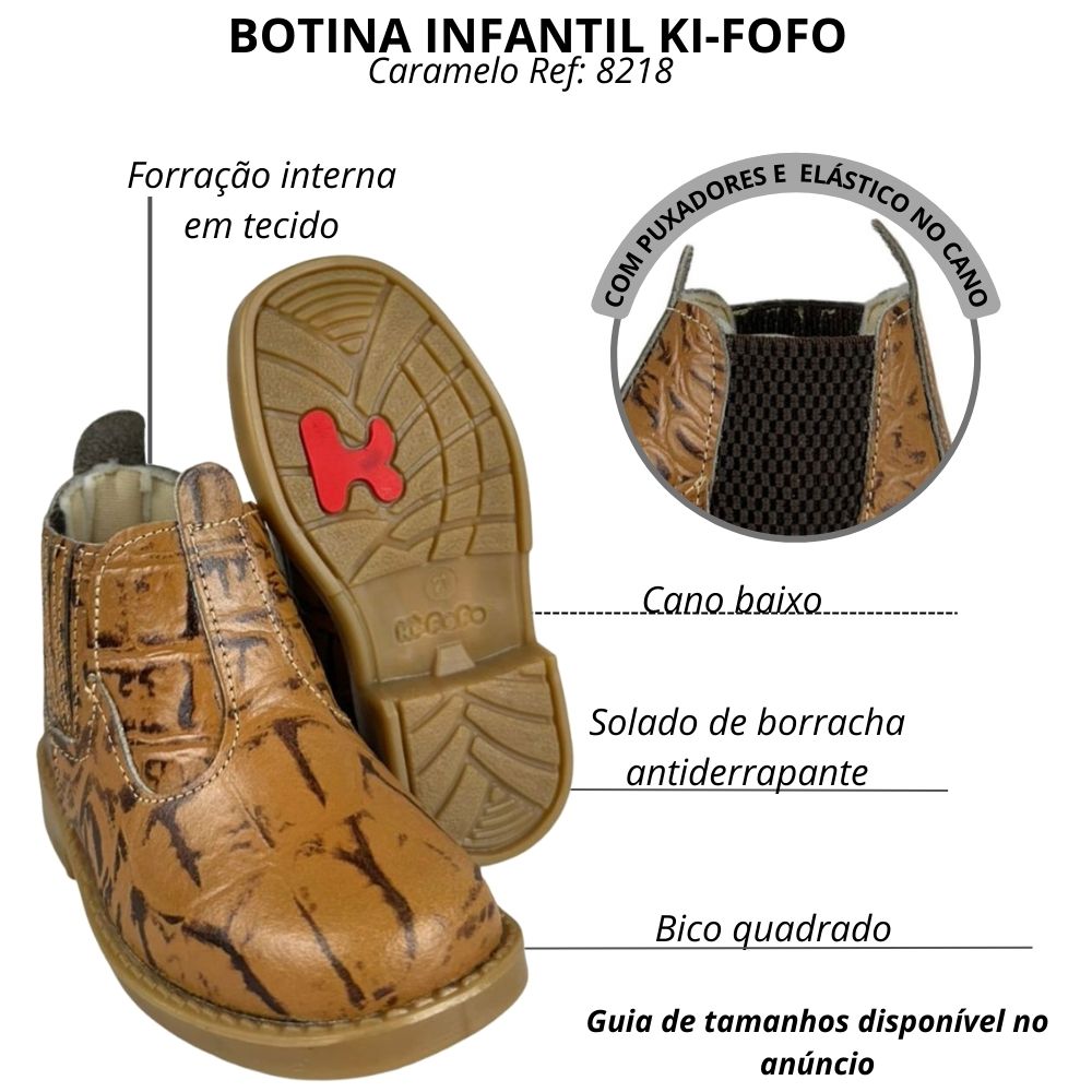 Botina Infantil Ki-Fofo Couro Imitação Jacaré Caramelo/Marrom Com ...