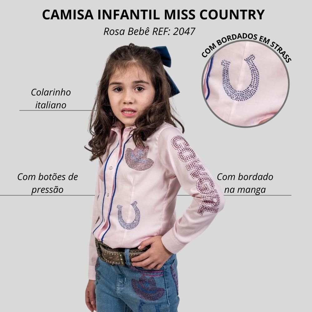 Camisa Infantil Miss Country Rosa Bebê Manga Longa Cowgirl com Brilho ...