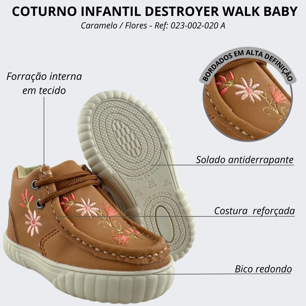 Coturno Destroyer Infantil Walk Baby Couro Caramelo Bordado Flores ...