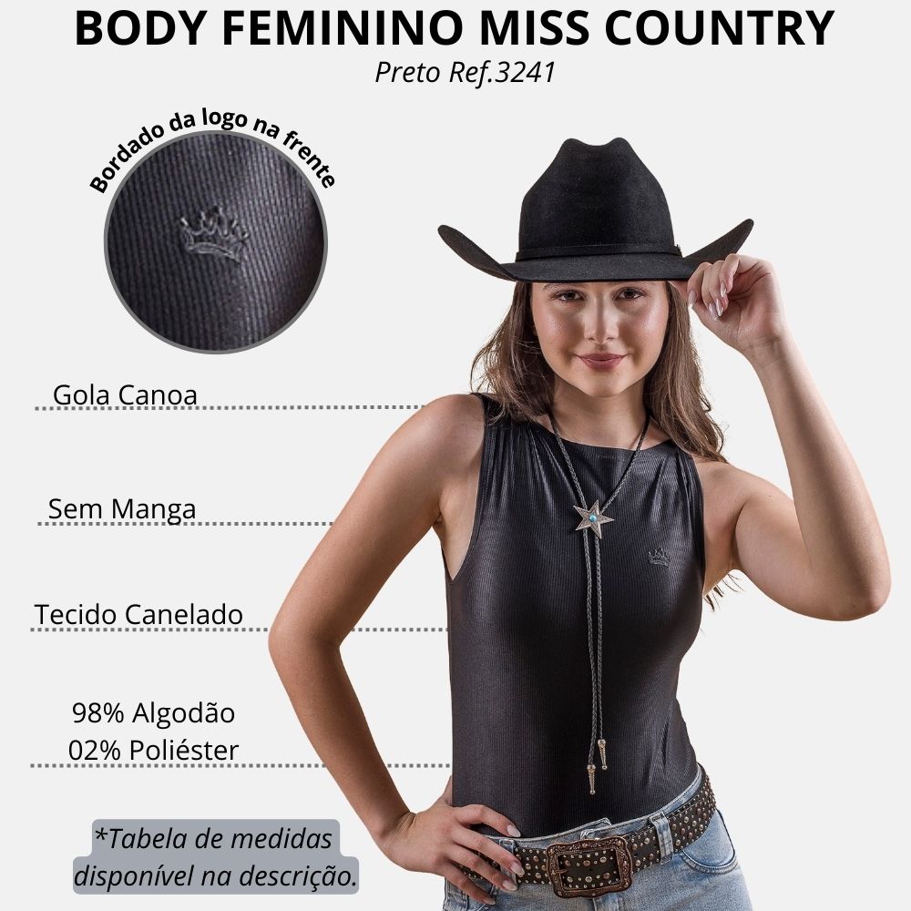 Body Feminino Miss Country Preto Sem Manga Basic Com Logo Bordada Em ...