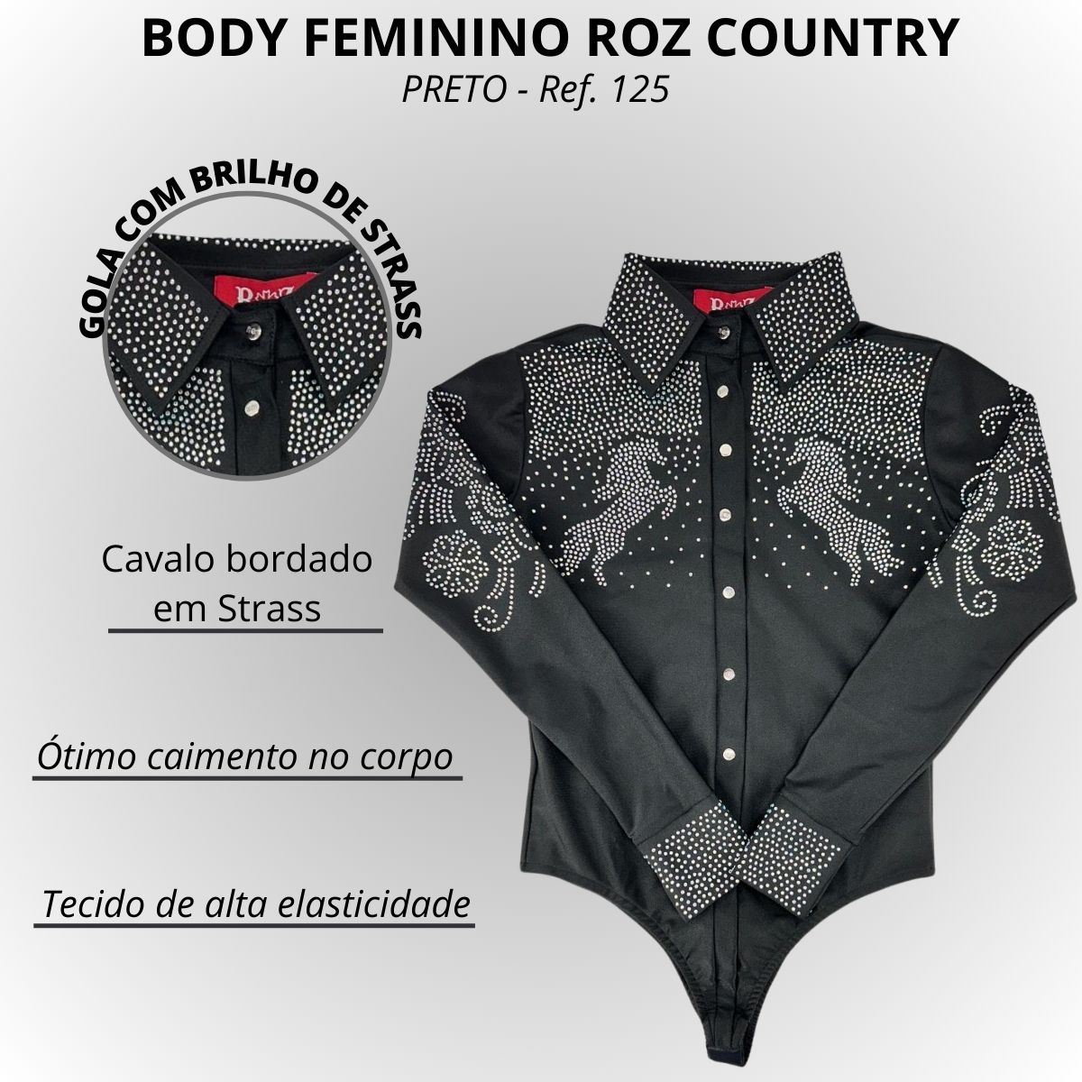 Body Feminino Roz Country Preto Manga Longa Com Colarinho E Punho ...