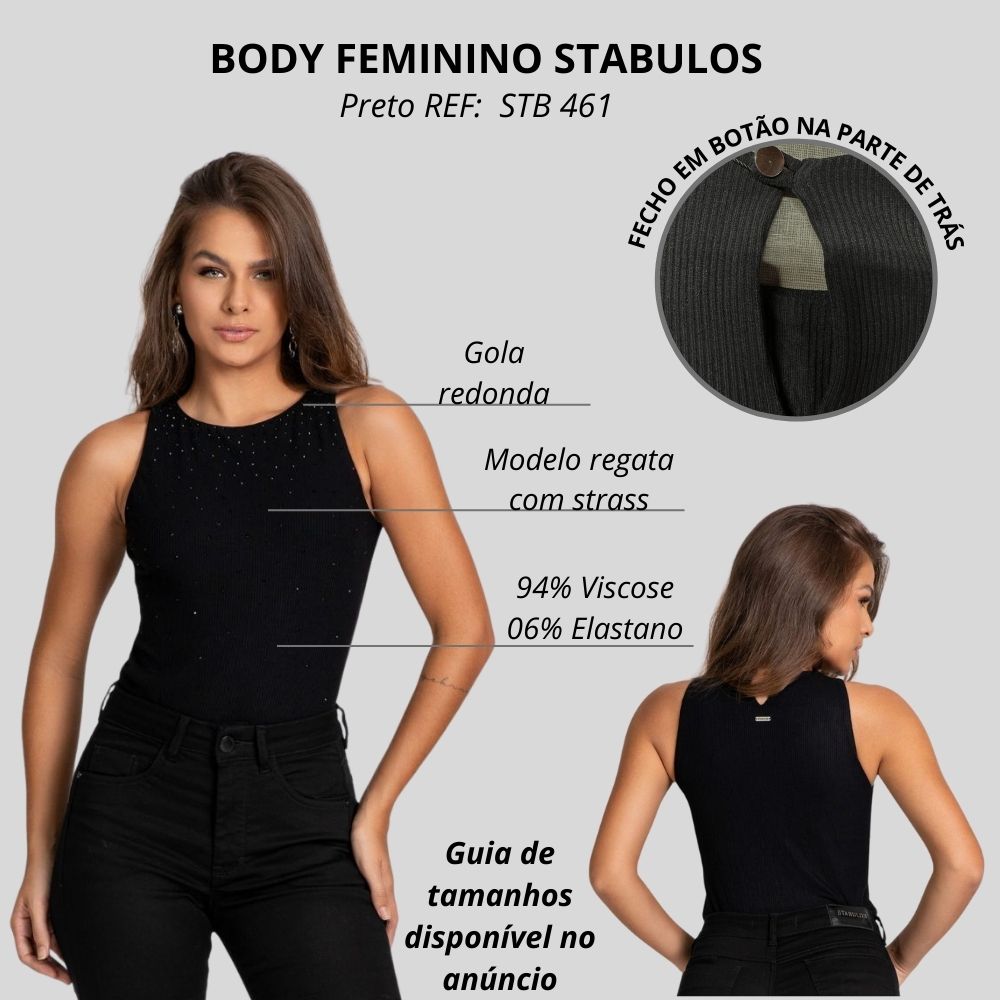 Body Feminino Stabulos Preto Canelado Com Brilho Sem Manga Ref:STB461 ...