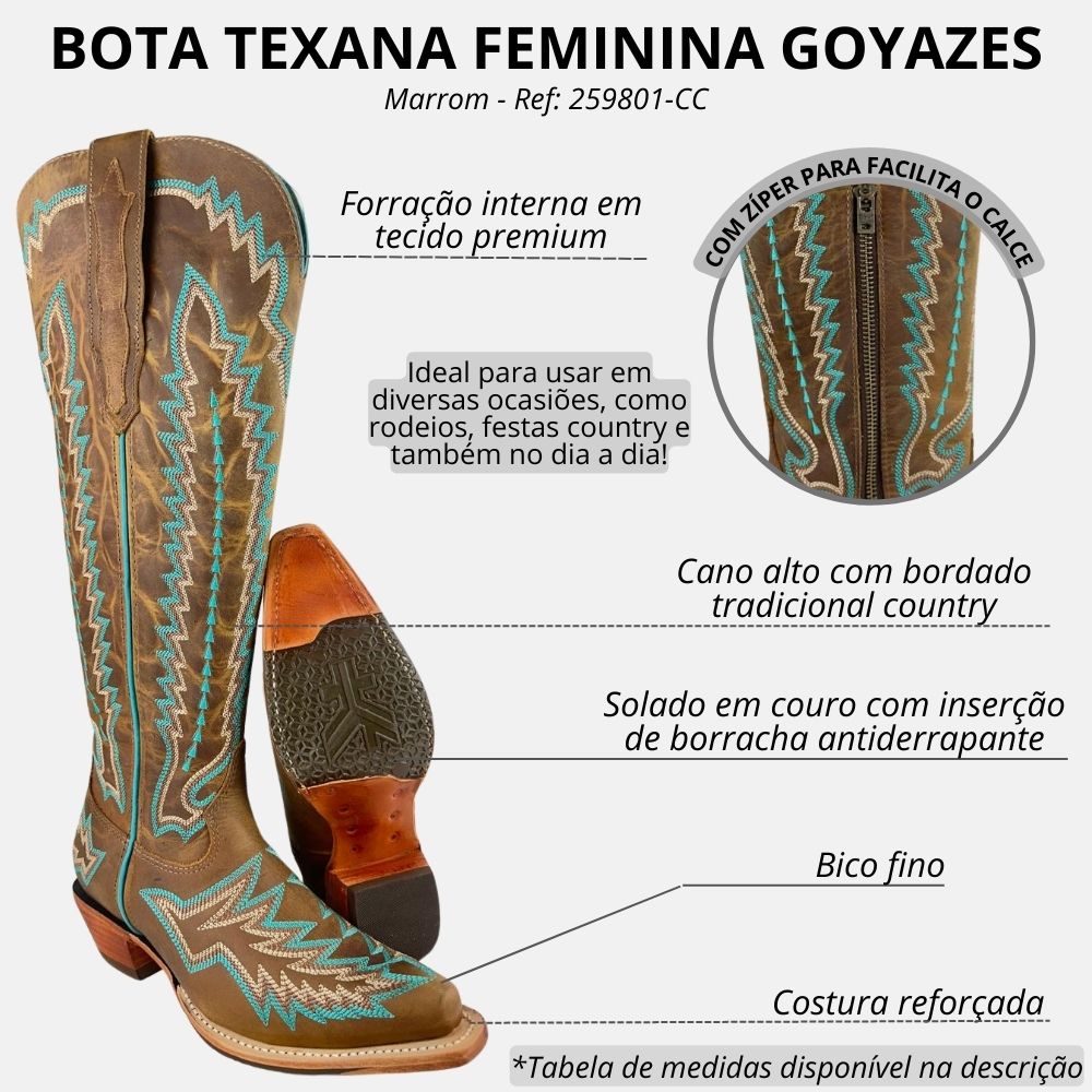 Bota Texana Feminina Goyazes Bico Fino Fashion Couro Dallas Marrom Cano ...