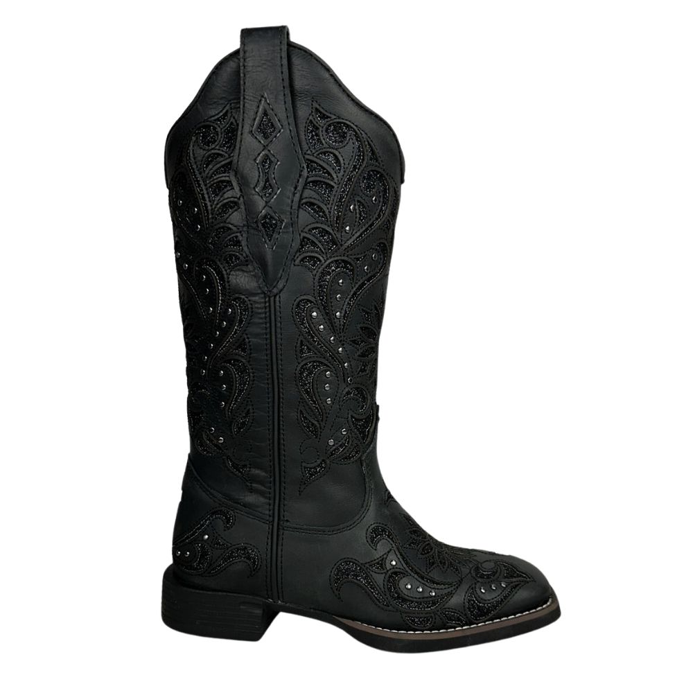 Bota Texana Feminina Vimar Bico Quadrado Fóssil Preto Com Bordado e Brilho Sola VTS V015F2 Ref ...