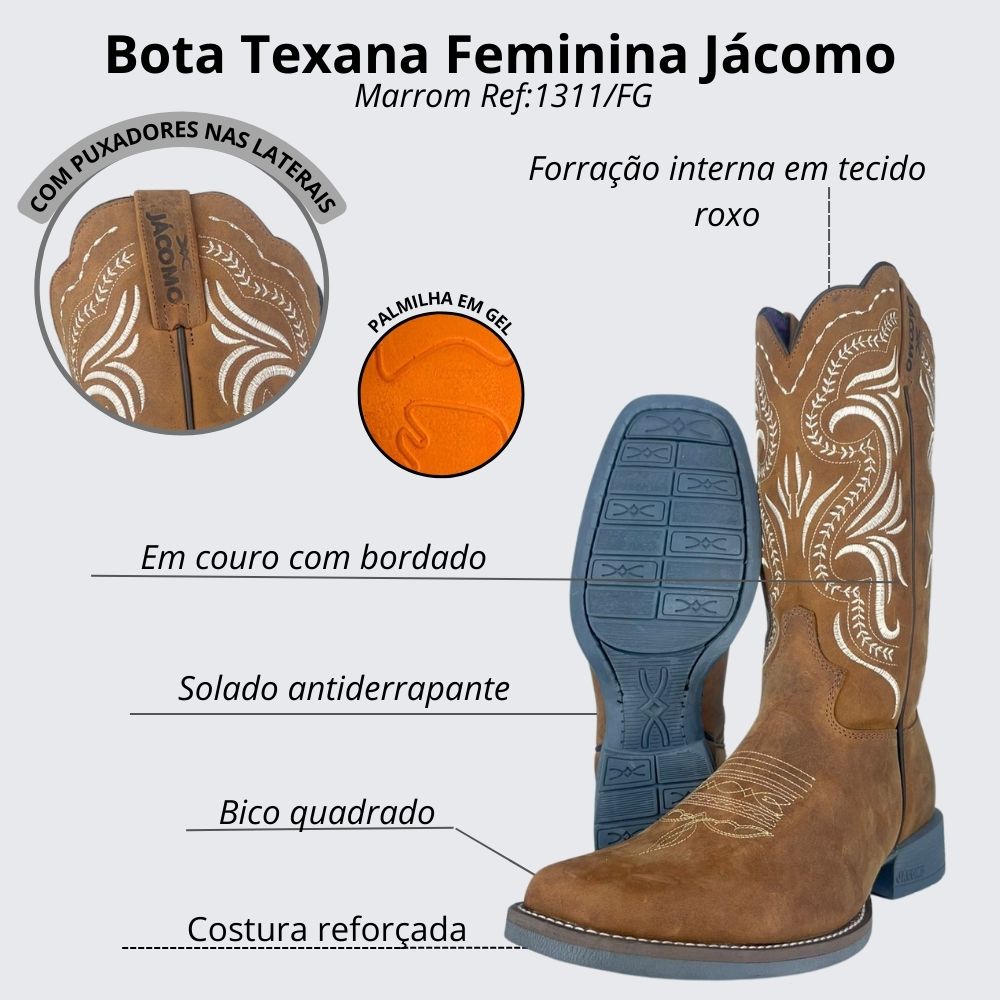 Bota Texana Feminina Jácomo Bico Quadrado Crazy Amendoa Ref:1311/FG ...