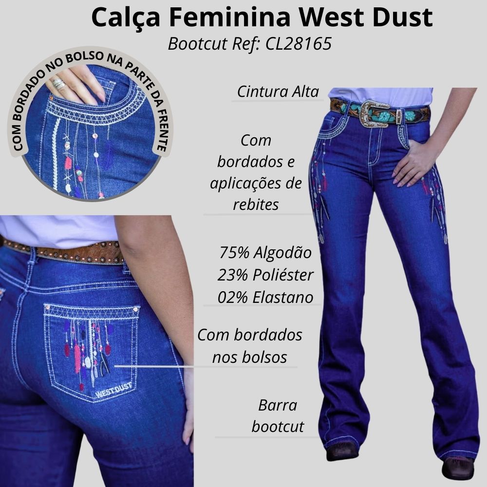 Calça Feminina West Dust Jeans Azul Escuro Bootcut Com Bordado De Penas ...