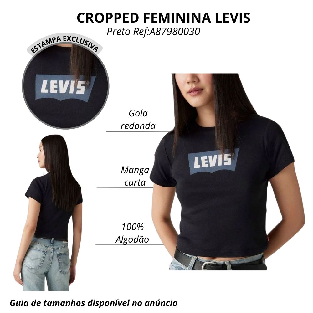 Camiseta Cropped Feminina Levi's Manga Curta Preto Com Logo Estampado ...