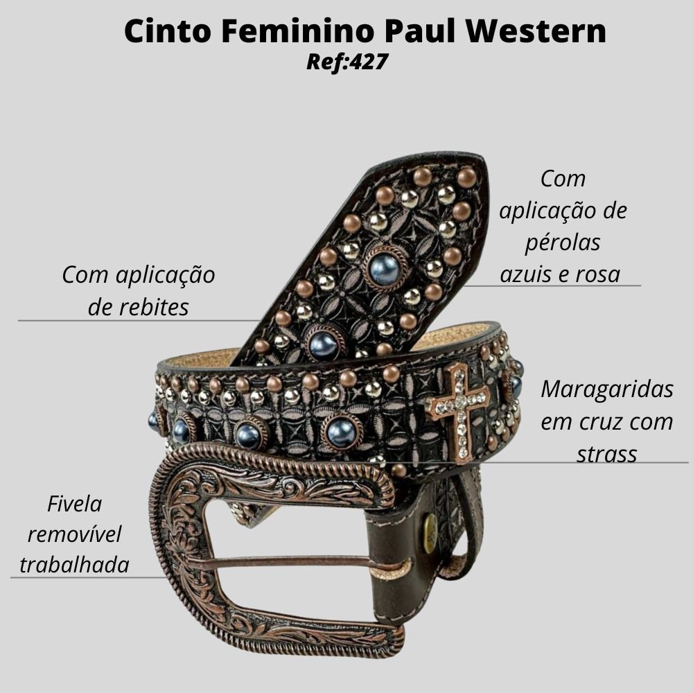 Cinto Feminino Paul Western Couro Marrom Escuro Com Detalhes Pedras Azuis Escuro Com Strass Ref ...