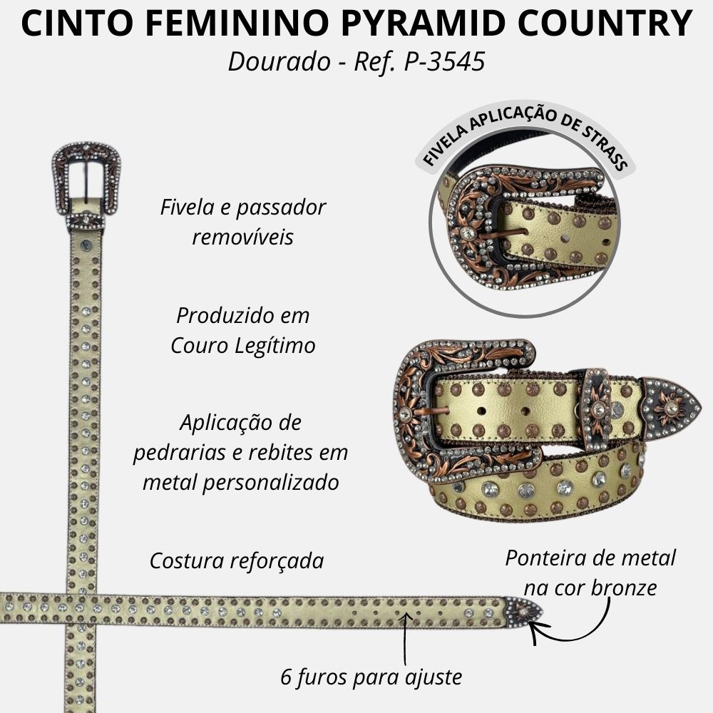 Cinto Feminino Pyramid Country Couro Dourado Com Strass Fivela E ...